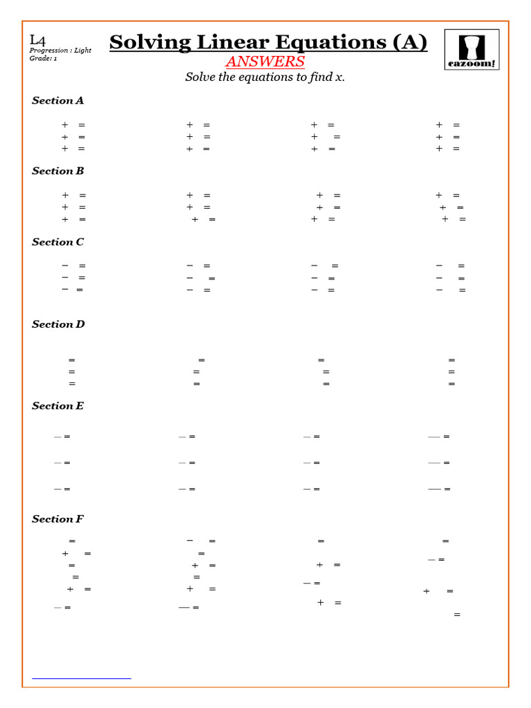 Algebra. Level 4. Equations. Solving Linear Equations (A) - ANSWERS ...