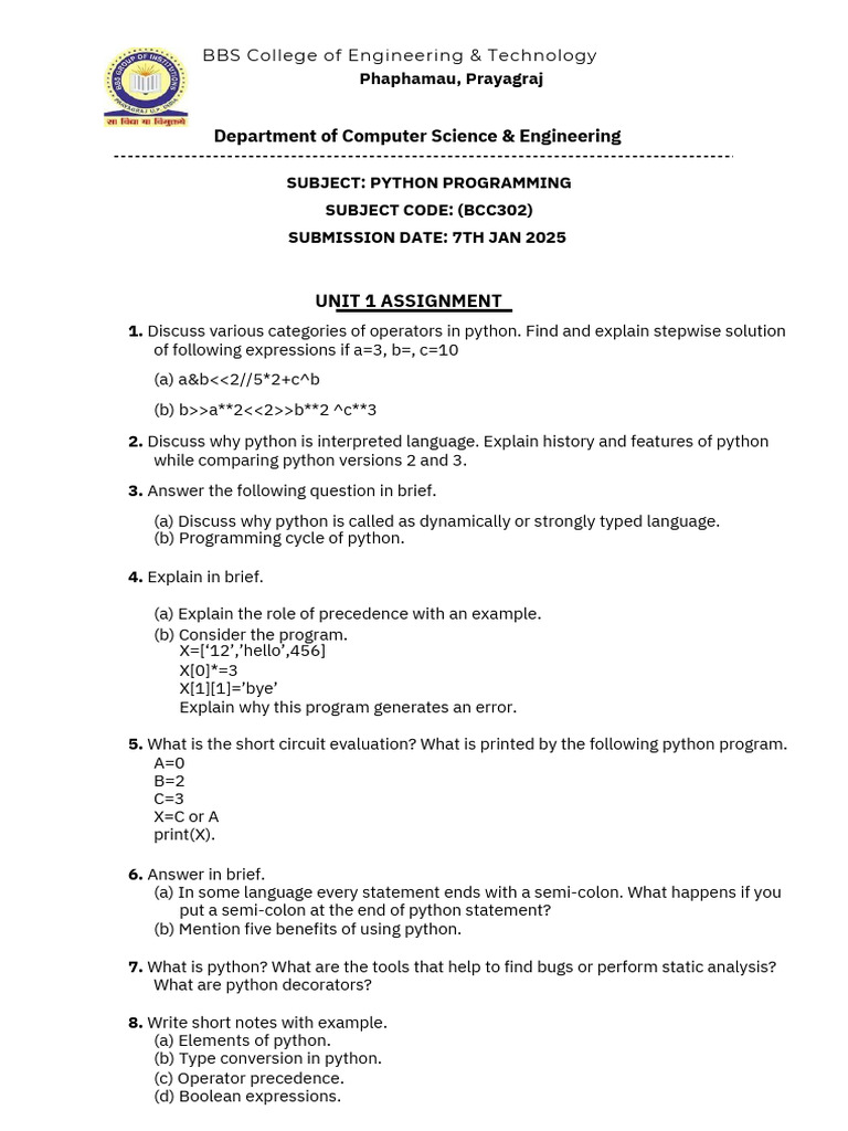 UNIT WISE ASSIGNMENT _PYTHYON.pdf | PDF | Python (Programming Language) | Computer Program
