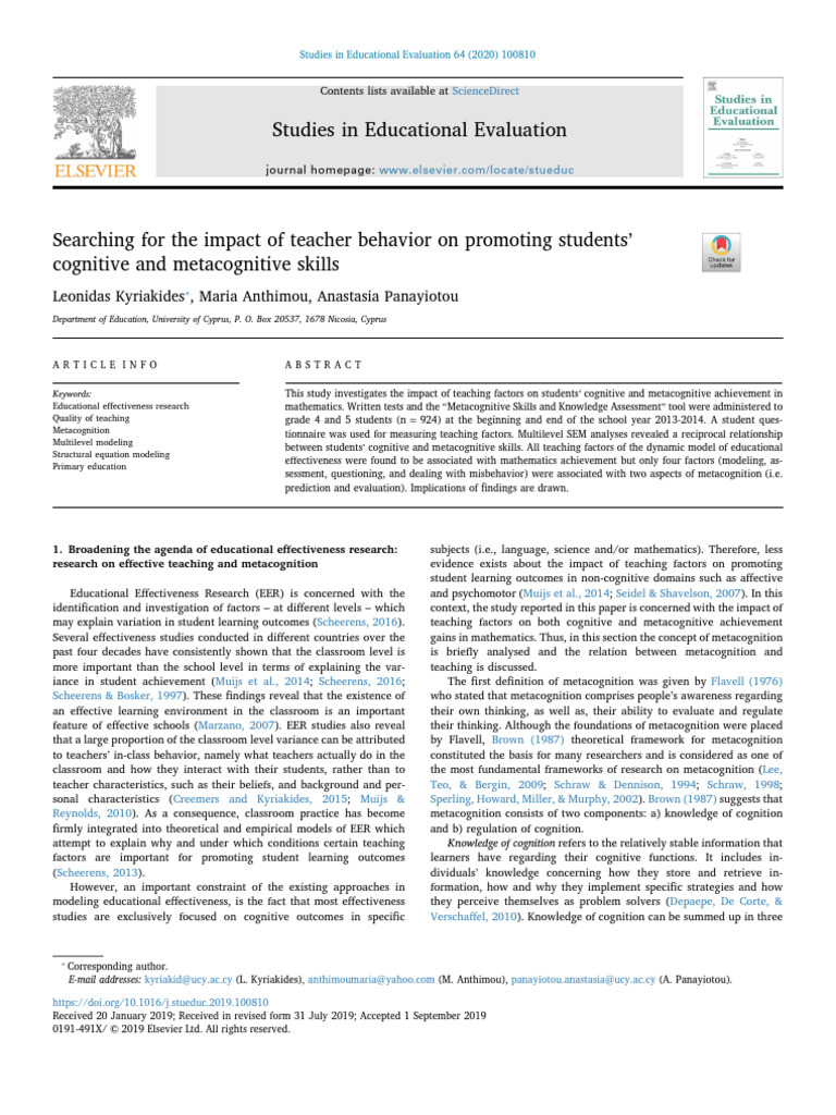 Searching For The Impact of Teacher Behavior On Promoting Students' Cognitive and Metacognitive ...