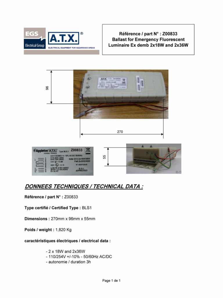 Appleton ATX Z00833 - Emergency Ballast 36W 110 - 254V | PDF