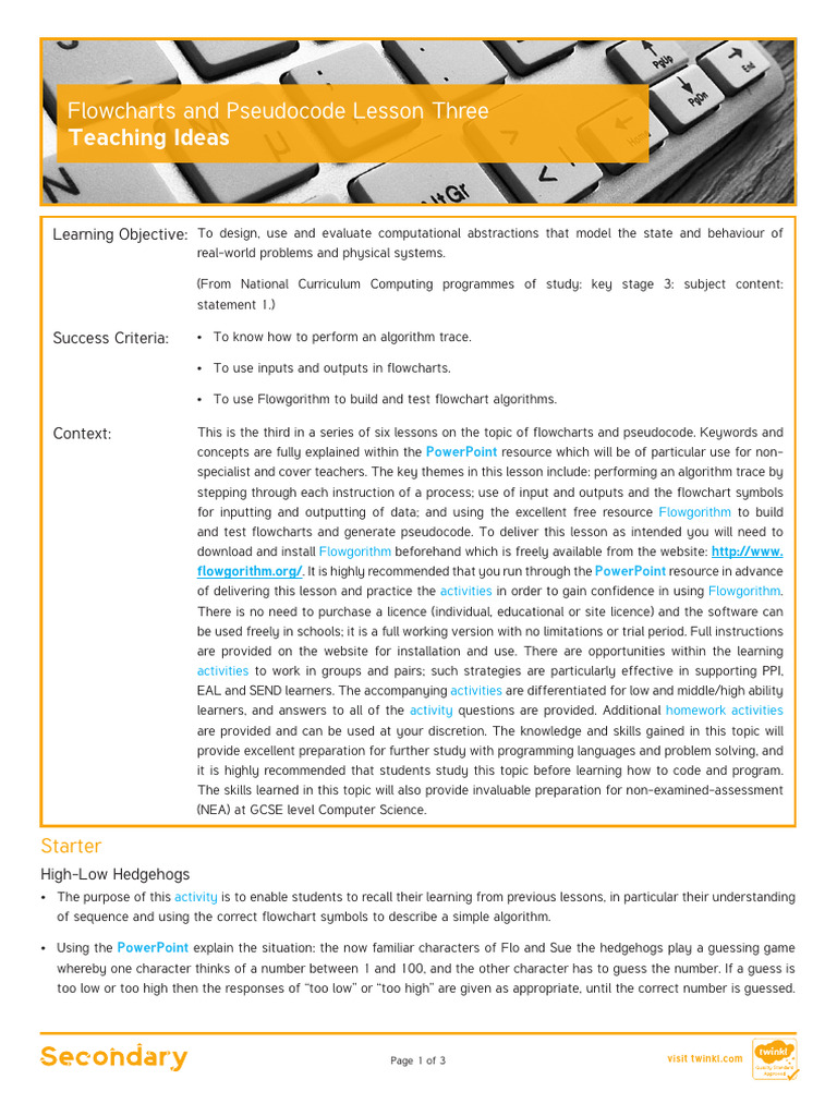 Flowcharts And Pseudocode Lesson Three Teaching Ideas Pdf Algorithms Learning