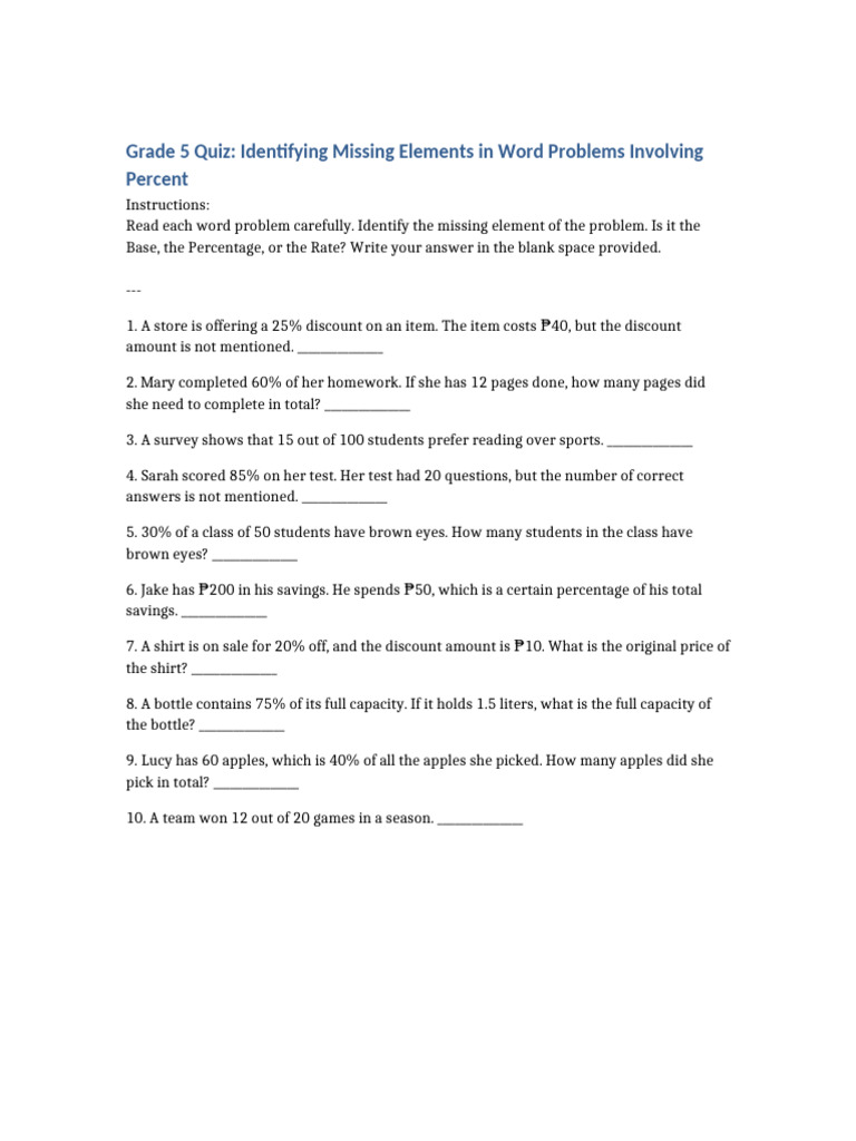 Grade 5 Quiz Percent | PDF