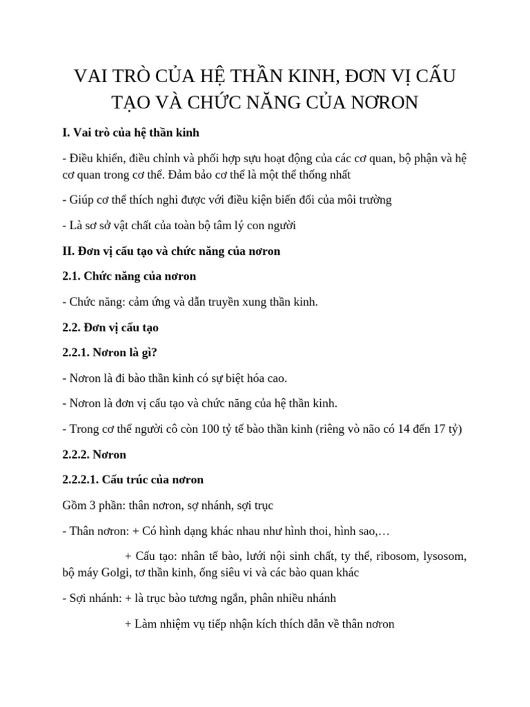 Tong Hop Vai Trò Của Hệ Thần Kinh | PDF