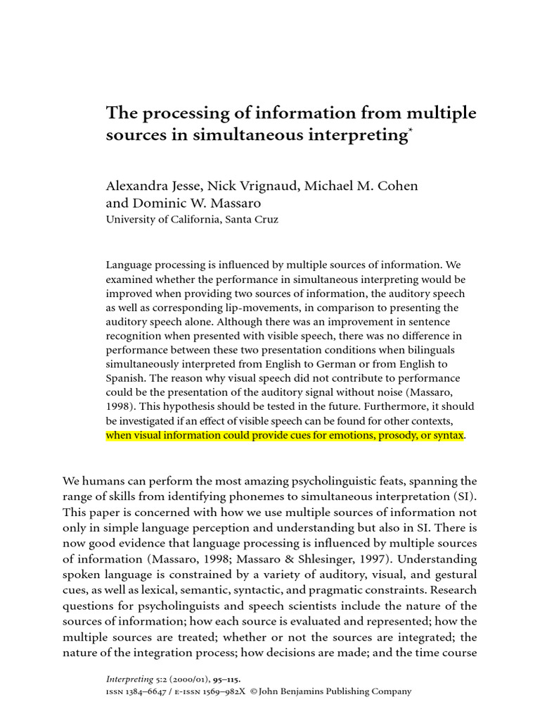 2000 The Processing of Information From Multiple Sources in Simultaneous Interpreting Jesse Intp ...
