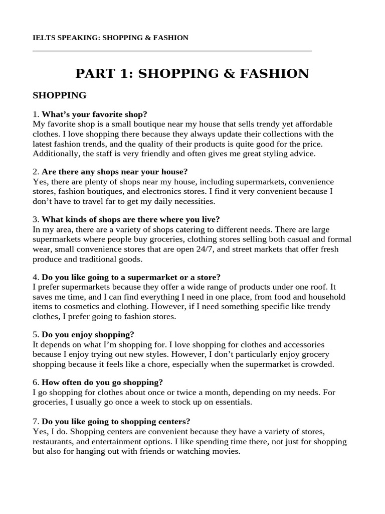IELTS SPEAKING (shopping & fashion) | PDF | Clothing | Fashion