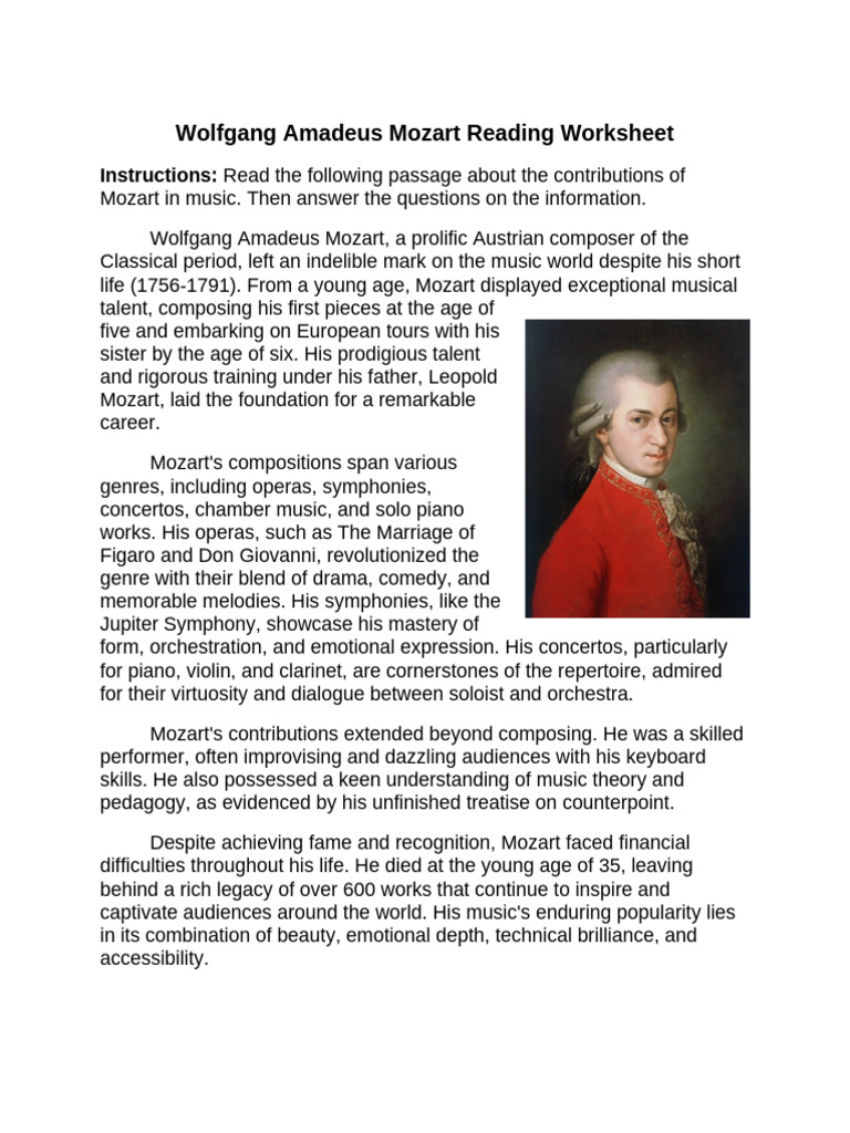Wolfgang Amadeus Mozart Reading Worksheet: Instructions | PDF
