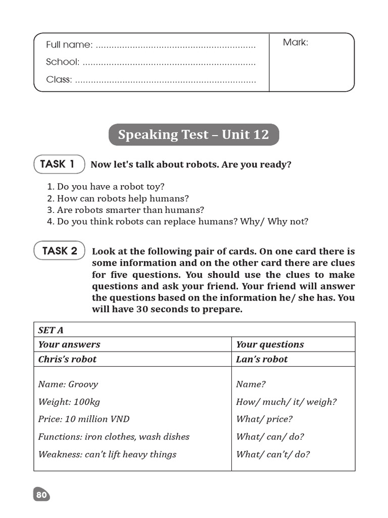 Speaking Test Unit 12 Pdf