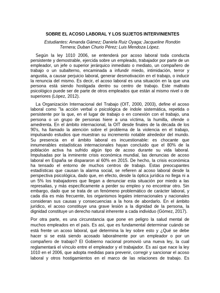 Sobre El Acoso Laboral y Los Sujetos Intervinientes - Amanda Gamez ...