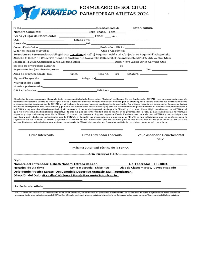 Form Atlet 2024. para Llenar | PDF