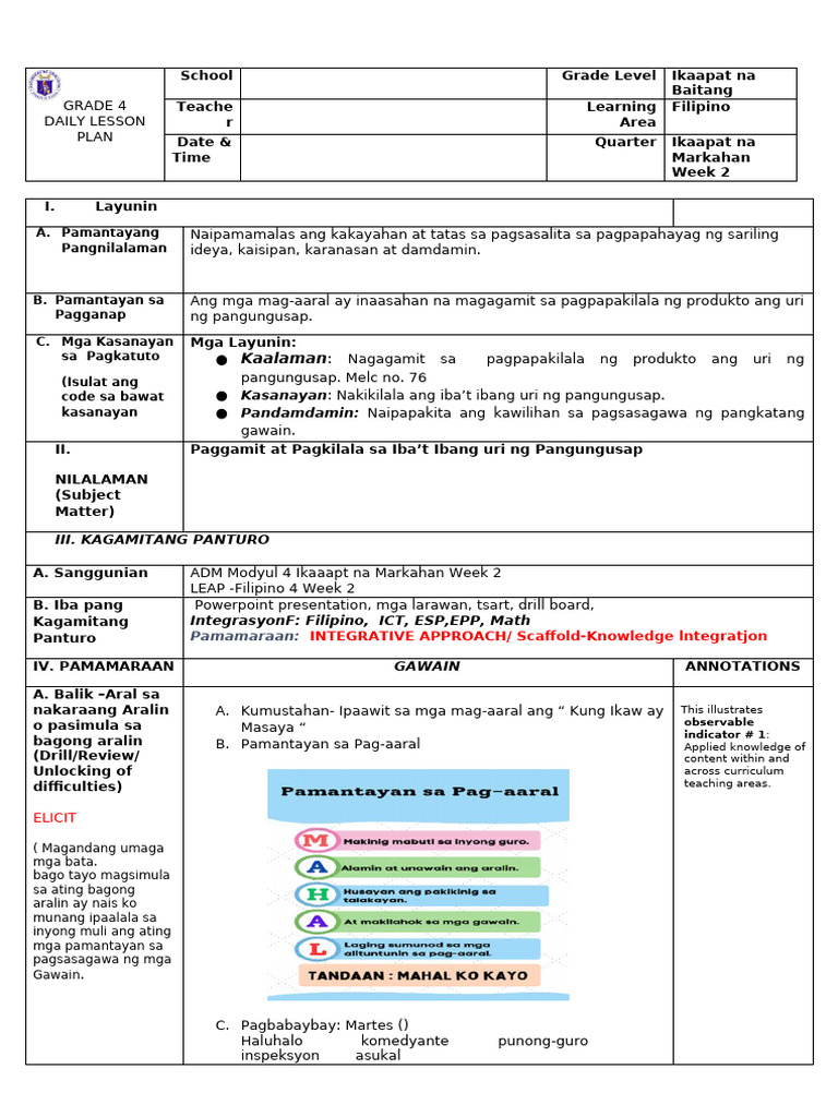 COT- FILIPINO 4 Q4 W2 - | PDF