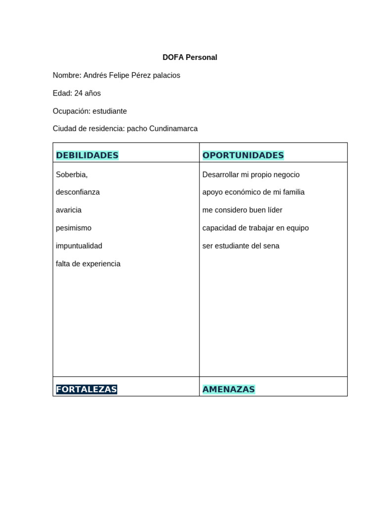 DOFA Personal | PDF | Análisis FODA | Cognición