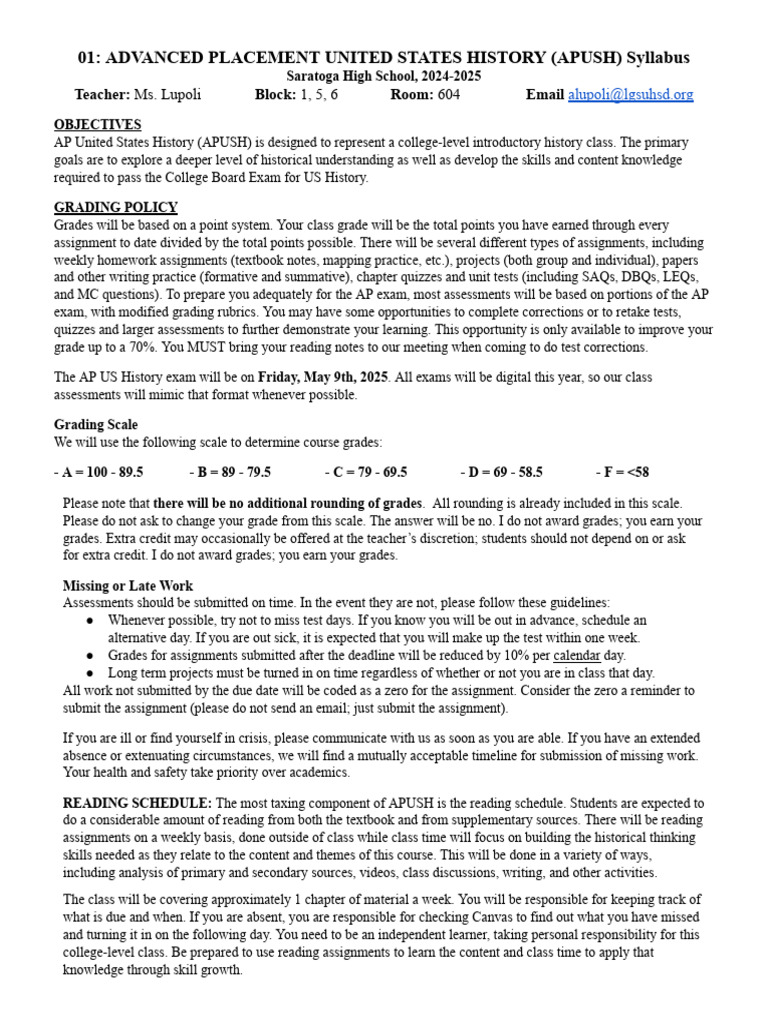 APUSH Syllabus 2024-2025 Overview | PDF | Advanced Placement ...