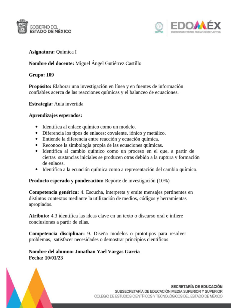 E3 Reporte de Investigación de Reacciones Químicas | PDF | Reacciones químicas | Química