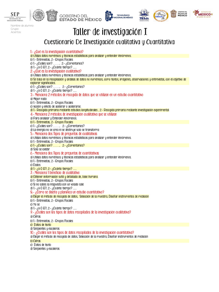 Cuestionario de Investigación Cualitativa y Cuantitativa | PDF | Investigación cuantitativa | Datos