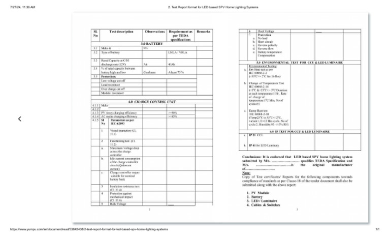 Test Report Format For LED Based SPV Home Lighting Systems 1&2 | PDF