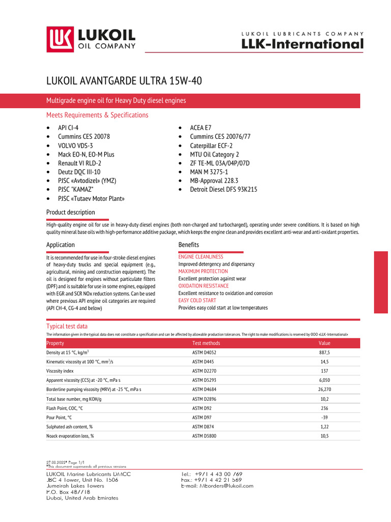Lukoil Avantgarde Ultra 15w 40 | PDF | Motor Oil