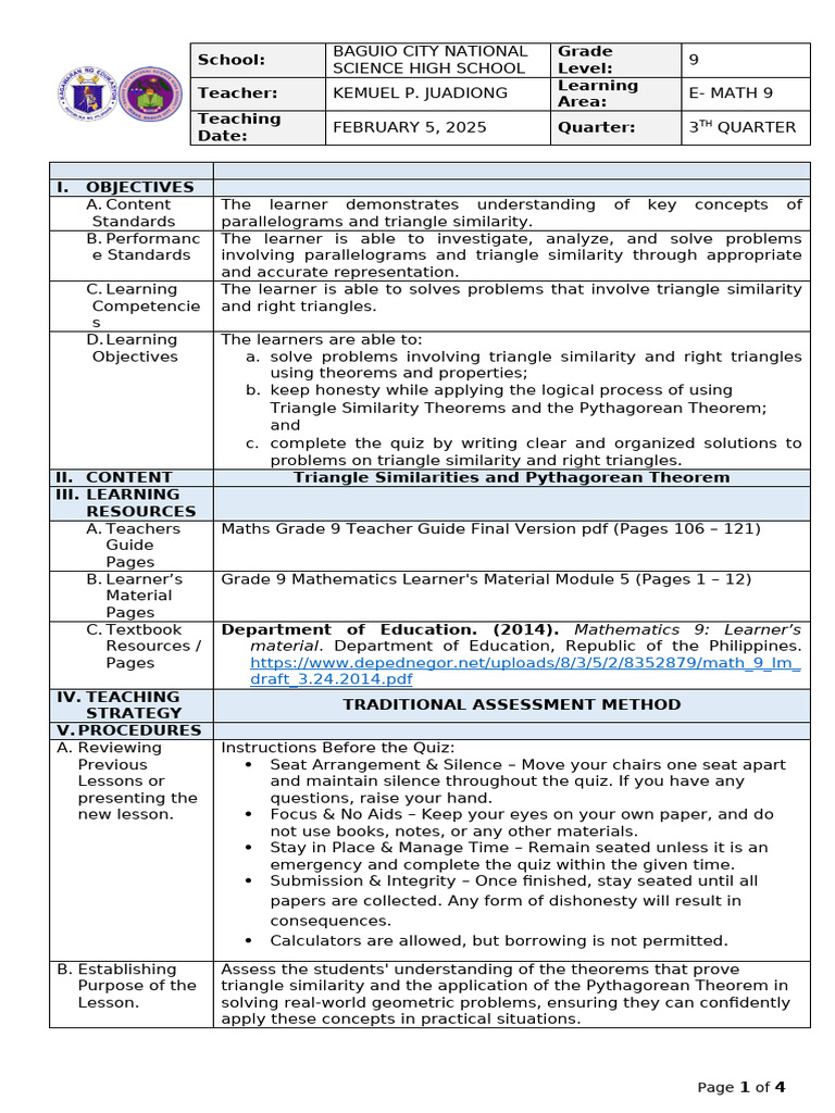Juadiong, Kemuel P. - 4TH Lesson Plan | PDF | Triangle | Area