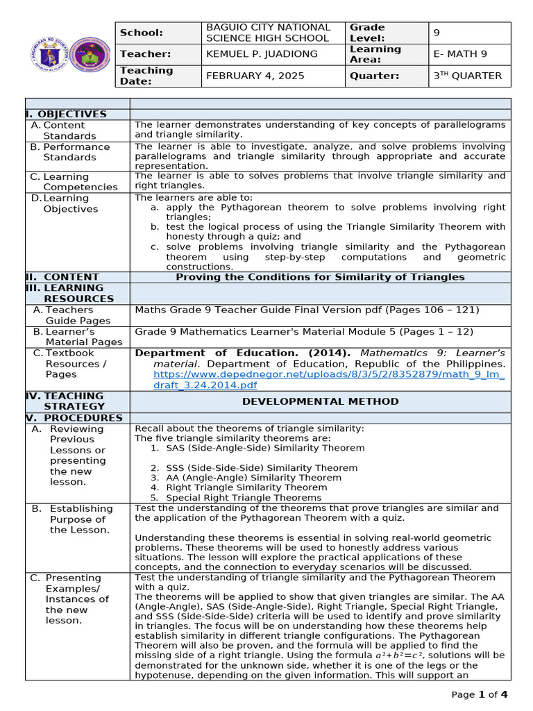 Juadiong, Kemuel P. - 3RD Lesson Plan | PDF | Triangle | Elementary Geometry