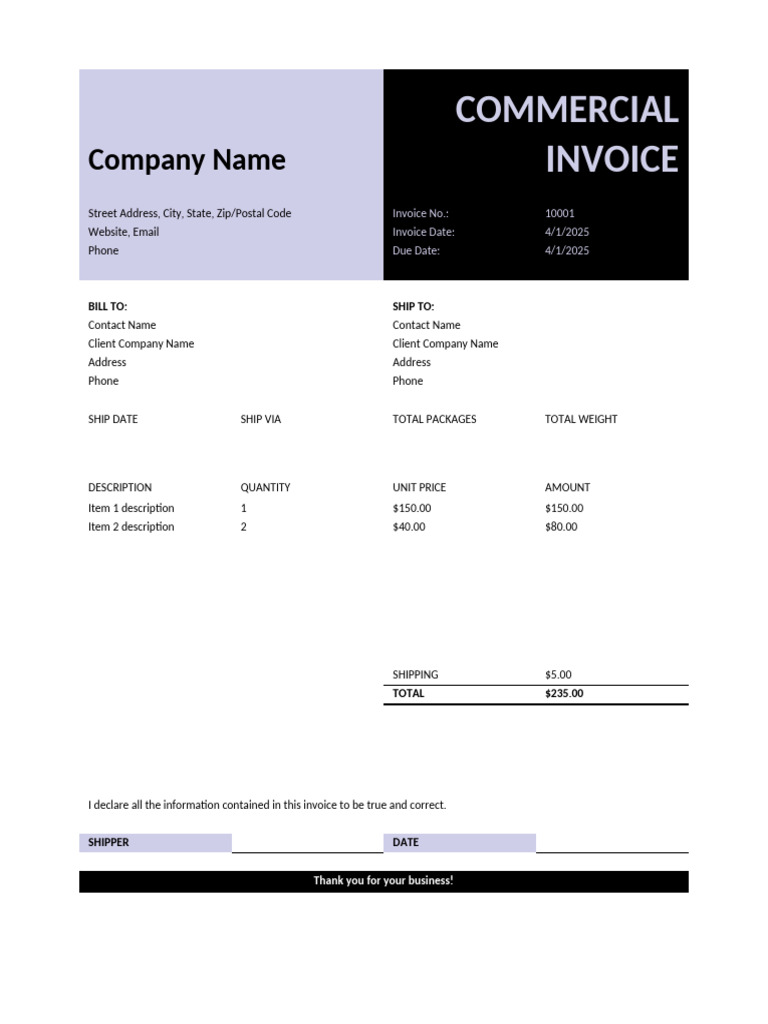 Commercial Invoice Template 2025 | PDF