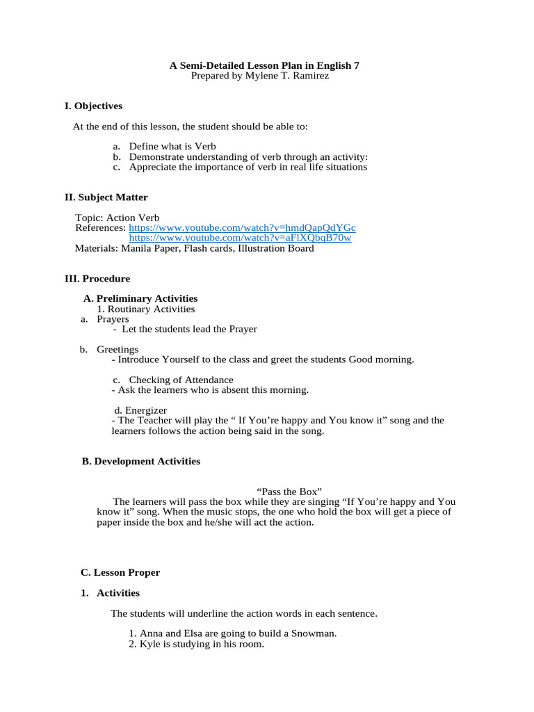 Semi Detailed Lesson Plan About Action Verb | PDF | Verb | Grammatical ...