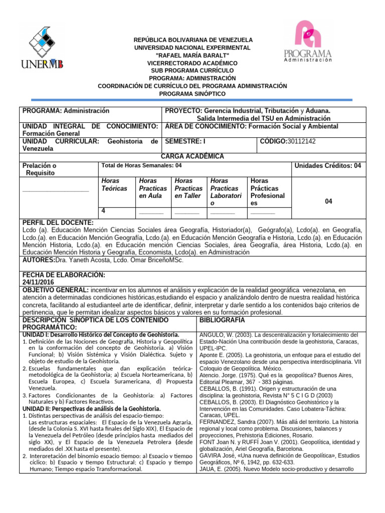 CONT. PROG. Geohistoria de Vla II - 2024 | PDF | Venezuela | Geografía