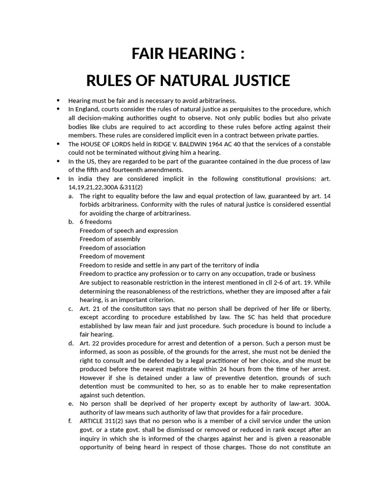 Fair Hearing and Natural Justice Principles | PDF | Arrest | Detention ...