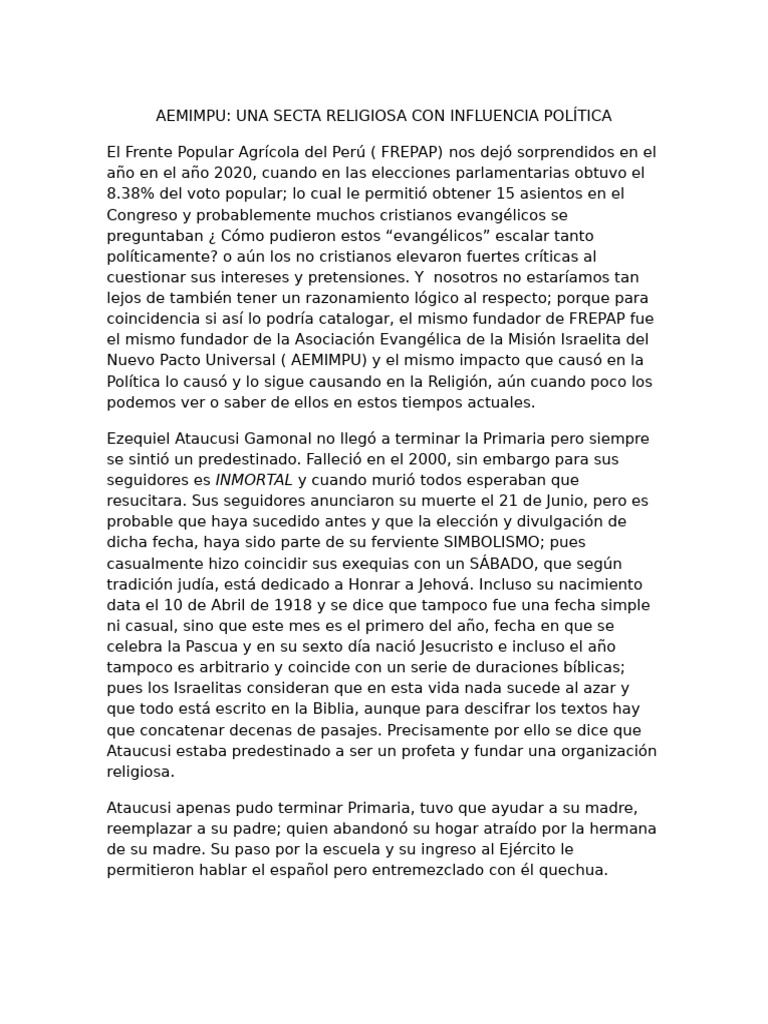 AEMIMPU: Sectas y Política en Perú | PDF | Biblia | Jesús