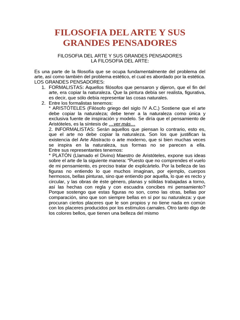 Filosofia Del Arte y Sus Grandes Pensadores | PDF
