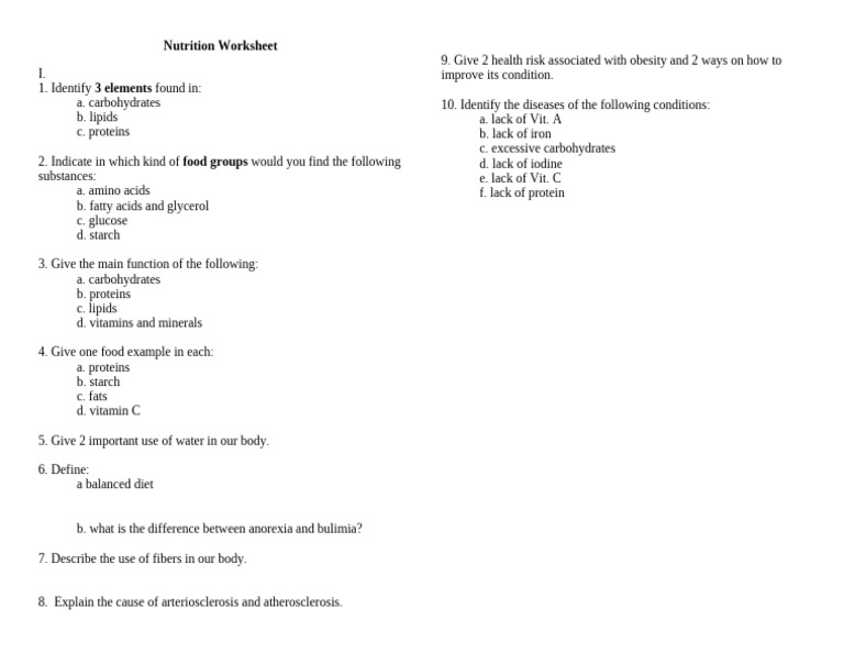 Nutrition Worksheet | PDF