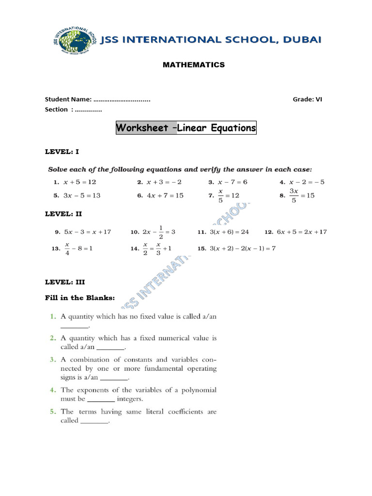G6 Linear Equations WS-1 | PDF