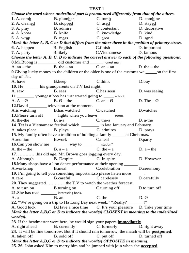 English Language Test Questions | PDF | Bride | Wedding