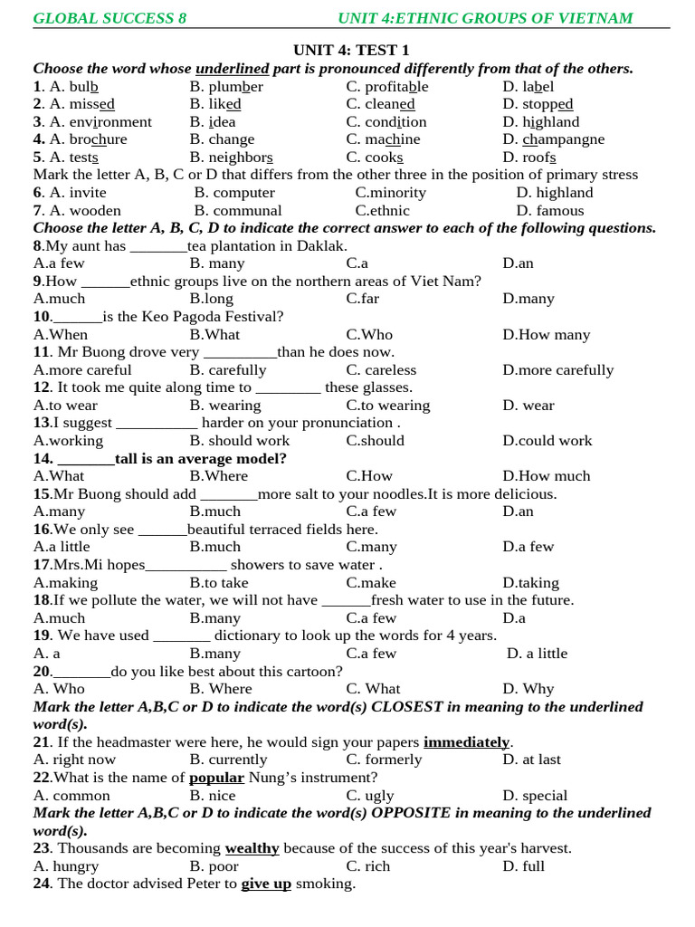 Bài tập bổ trợ anh 8 Global UNIT 4 - PRACTICE TEST | PDF | Vietnam