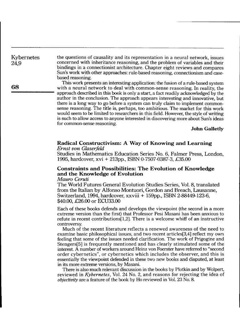 Von Glasersfeld:Ceruti Review Kybernetes | PDF