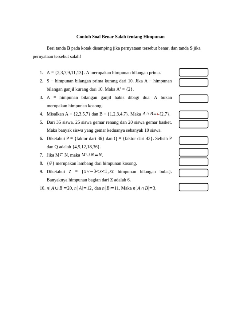 Contoh Soal Benar Salah Himpunan | PDF