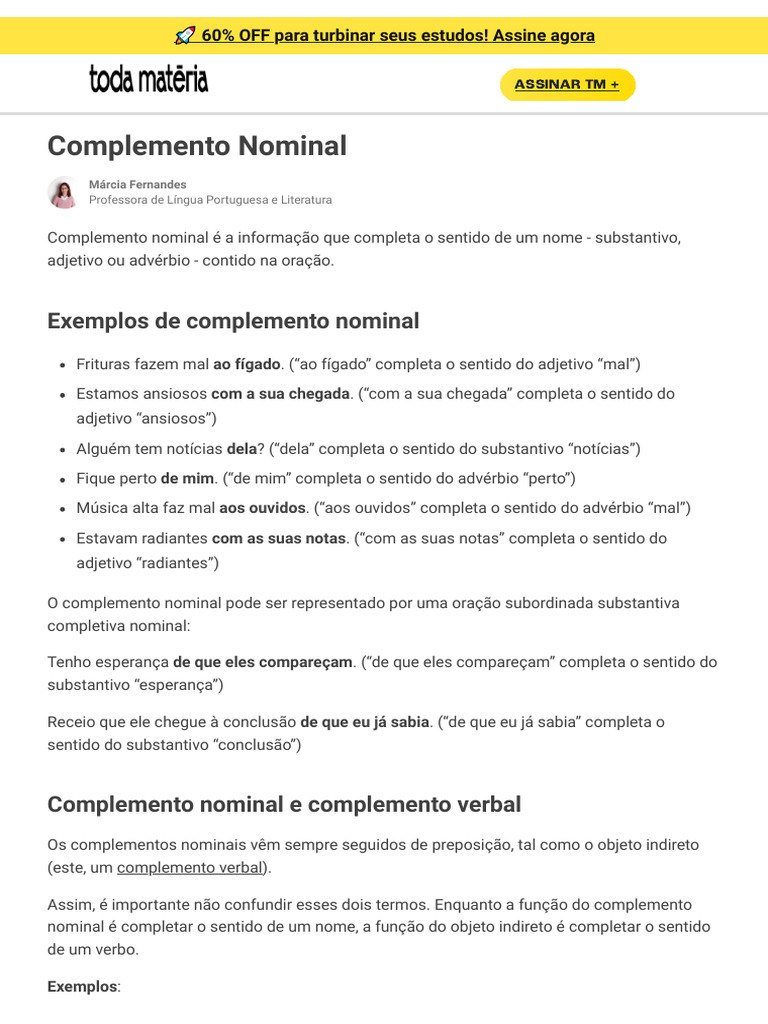 4.2. Complemento Nominal - o Que É, Exemplos e Exercícios - Toda Matéria | PDF | Substantivo ...