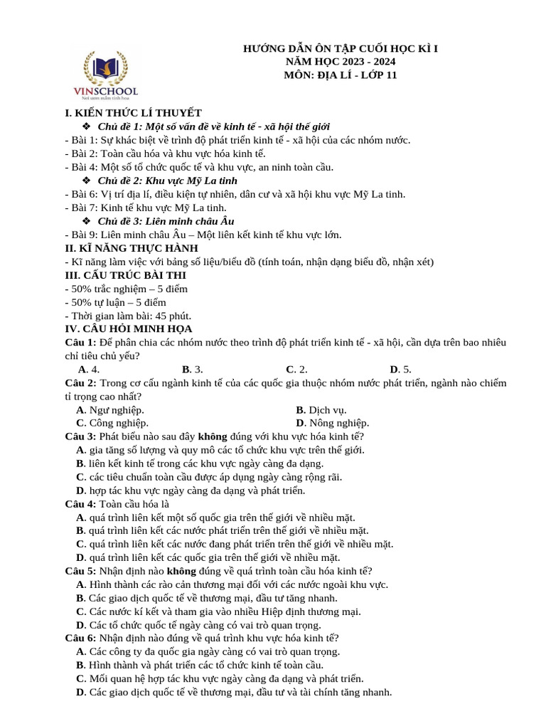 Địa 11_Hướng dẫn ôn tập_HK1 | PDF