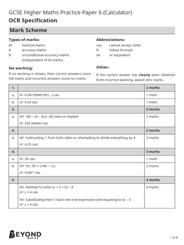 GCSE Higher Maths OCR Practice Paper 6 (Calculator) Mark Scheme | PDF ...