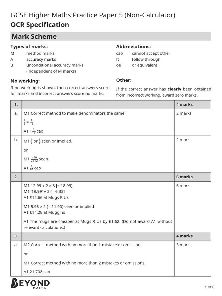 OCR GCSE Maths Paper 5 Mark Scheme | PDF | Area | Circle