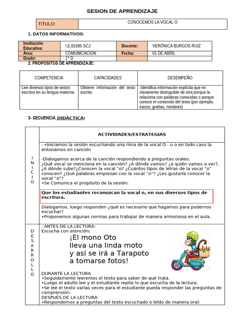 Aprendiendo la Vocal O en 1° Grado | PDF | Vocal | Cognición