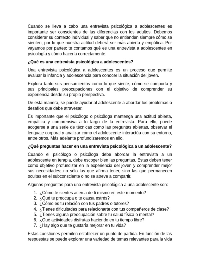 Entrevista Psicológica a Adolescentes | PDF | Sicología | Adolescencia