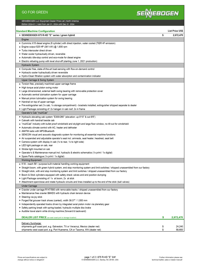 SENNEBOGEN Dealer Price List (2024-01) - 875R-HD - NorthAmerica | PDF ...