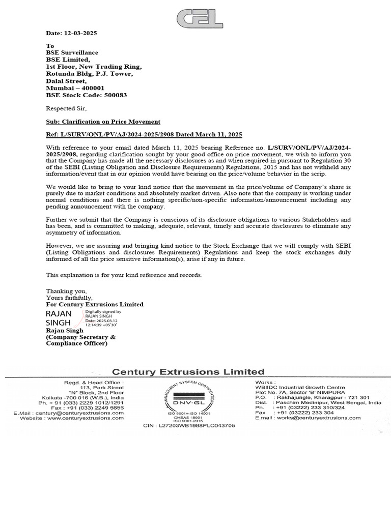 BSE Limited, 1st Floor, New Trading Ring, Rotunda BLDG, P.J. Tower ...