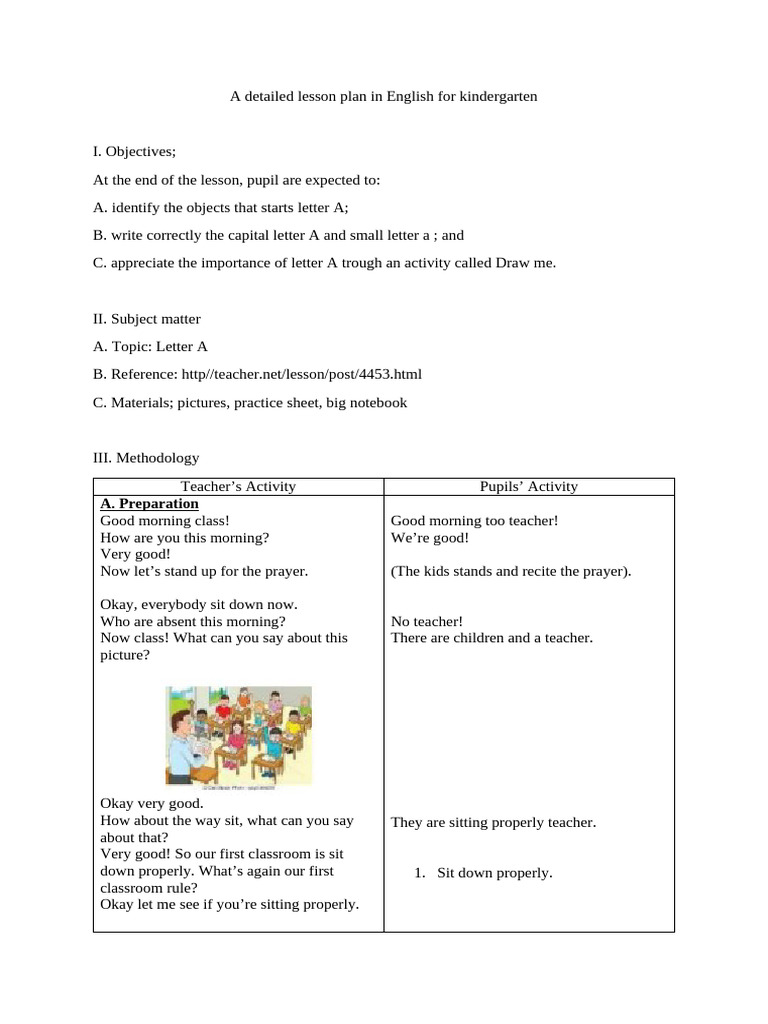 Kindergarten English Lesson: Letter A | PDF | Lesson Plan | Classroom