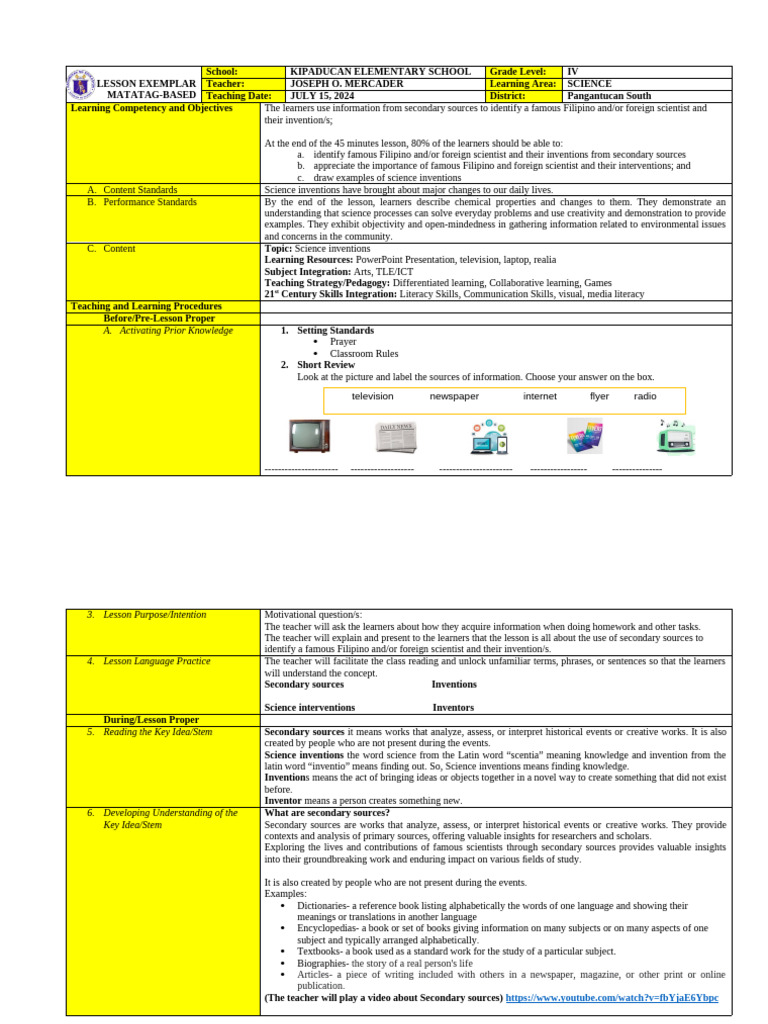 Lesson Exemplar Science 4 Matatag-Based | PDF | Learning | Invention