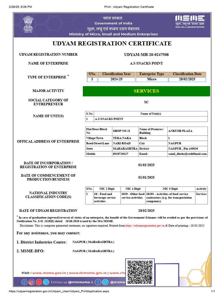 Print _ Udyam Registration Certificate | PDF