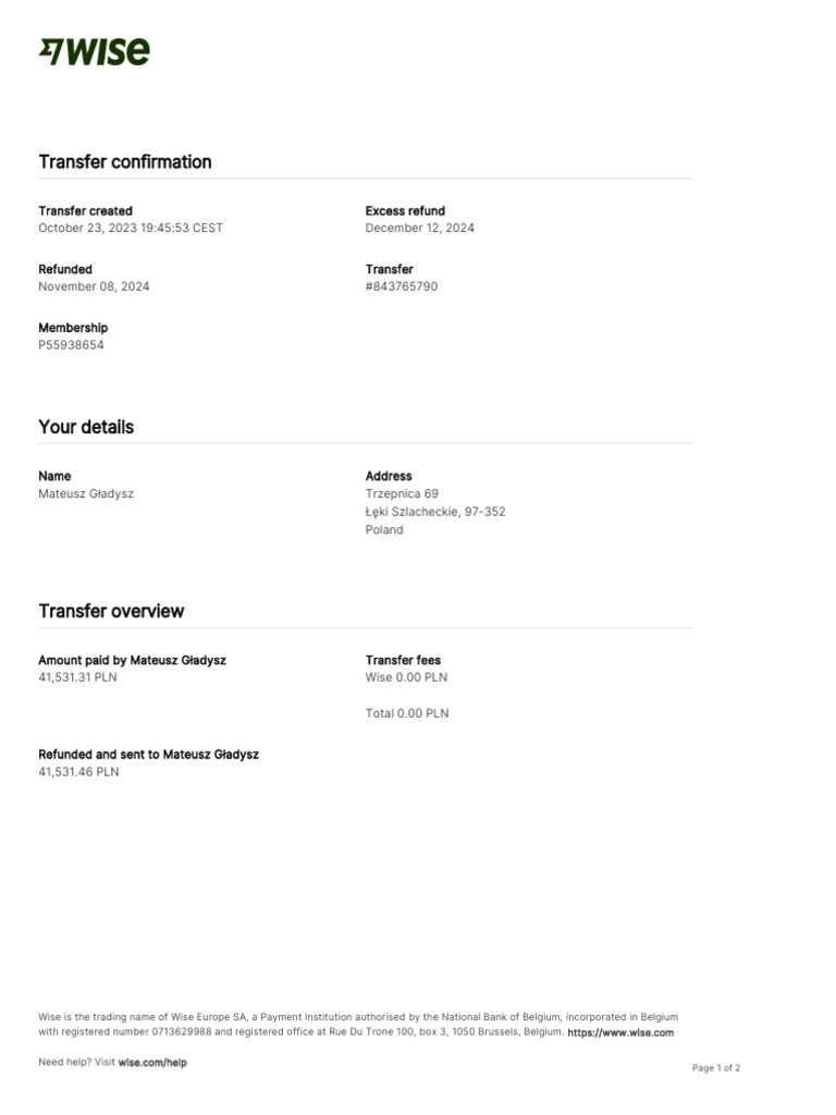 Refund Confirmation for Mateusz Gładysz | PDF | Payments ...