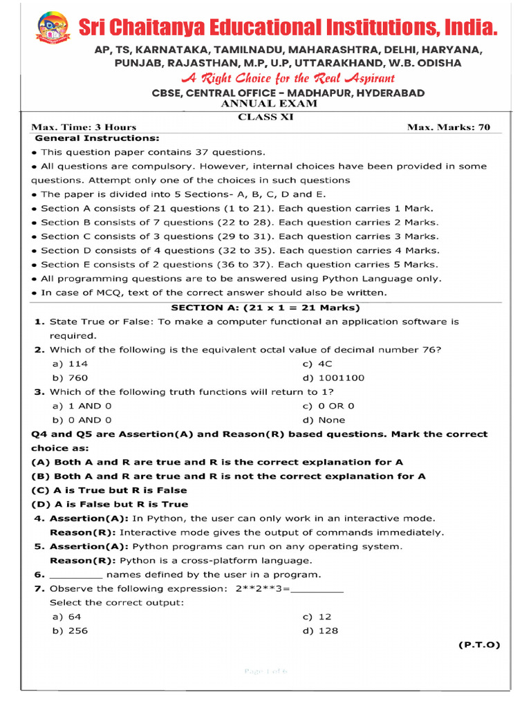 Annual Exam CS Class 11 | PDF
