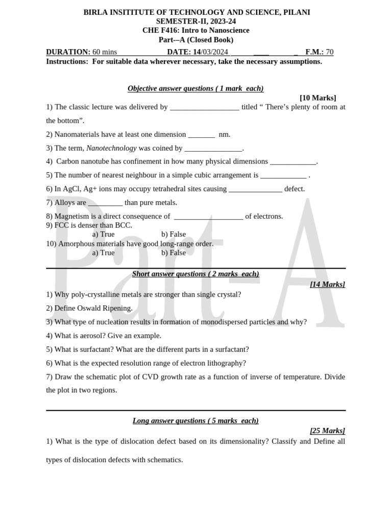 1158_BITS_F416_20240613094353_Mid_Semester_Question_Paper (1) | PDF | Nanotechnology | Crystal ...