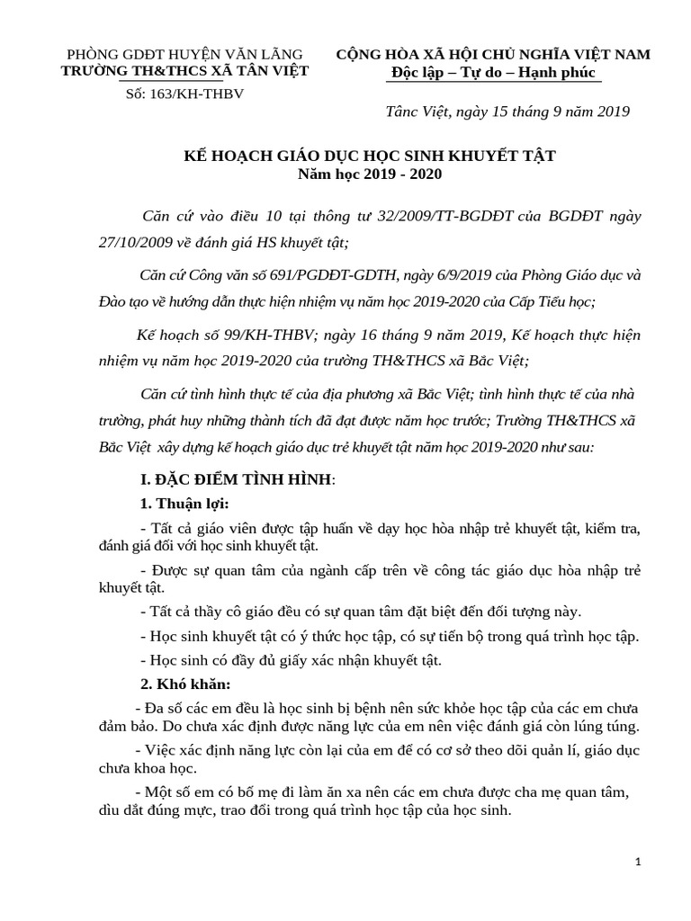 Ke Hoach Giao Duc Tre Khuyet Tat Hoa Nhap | PDF