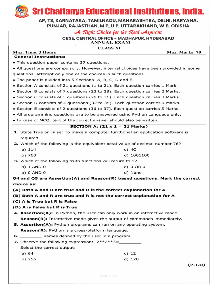 Annual Exam SQP CS Class 11 (QP) | PDF